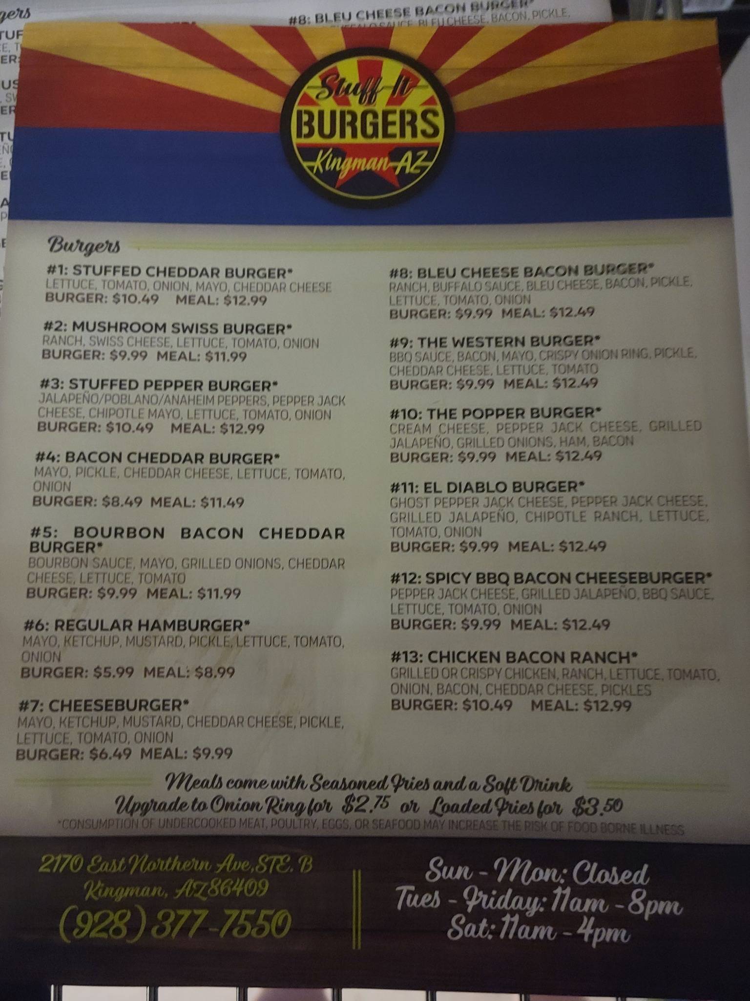 Menu at STUFF-IT BURGERS restaurant, Kingman