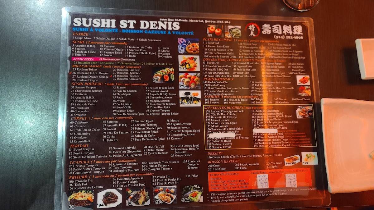 Menu au SUSHI ST-DENIS restaurant, Montréal