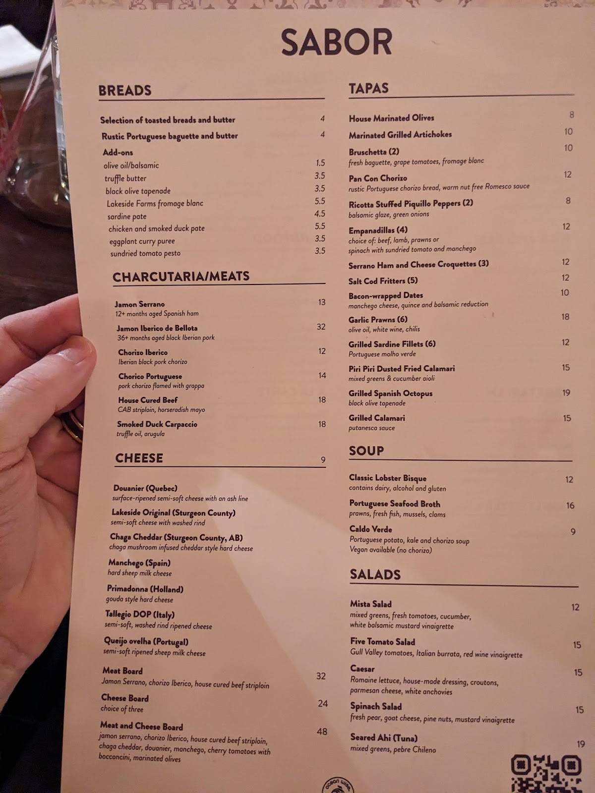Menu at Sabor Restaurant, Edmonton