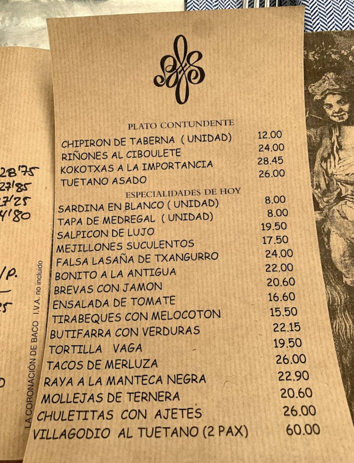 Carta de Restaurante Sacha, Madrid