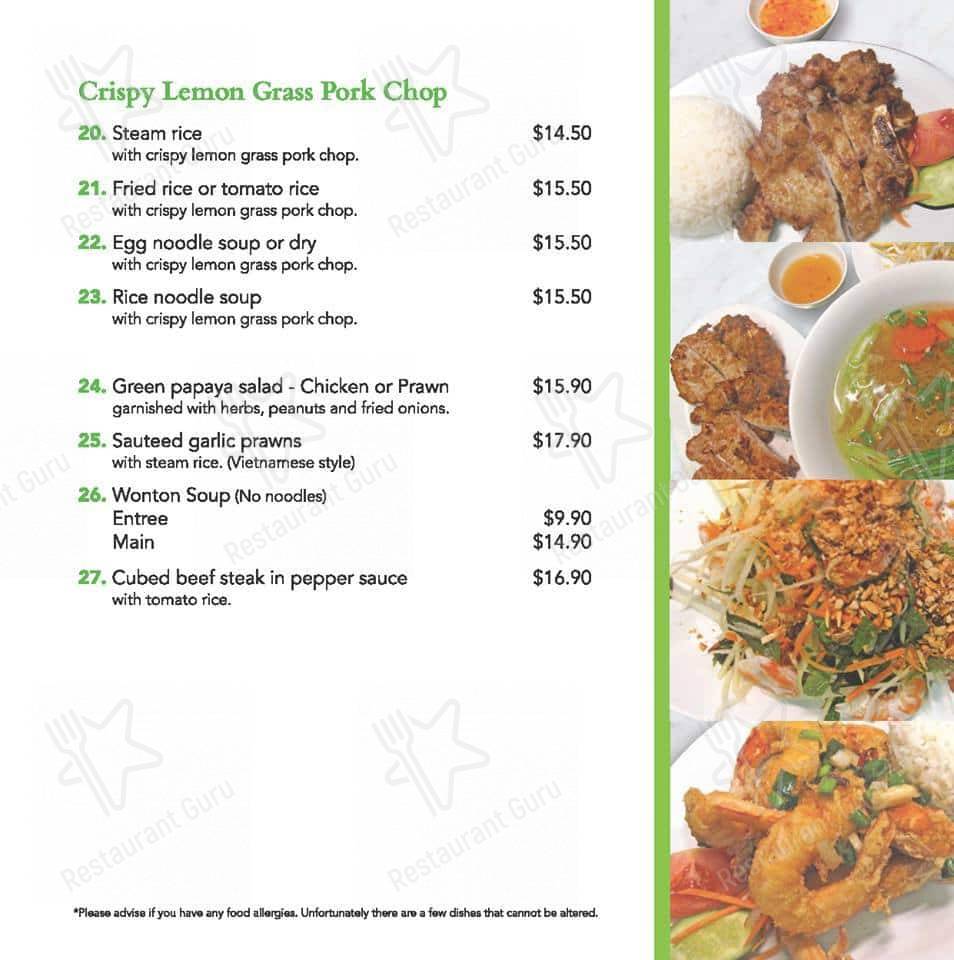 Menu at Saigon Express Drummoyne restaurant, Drummoyne