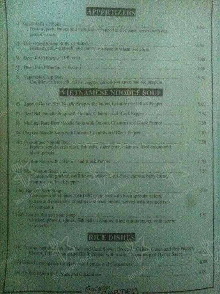 Menu at Saigon Garden restaurant, Parksville