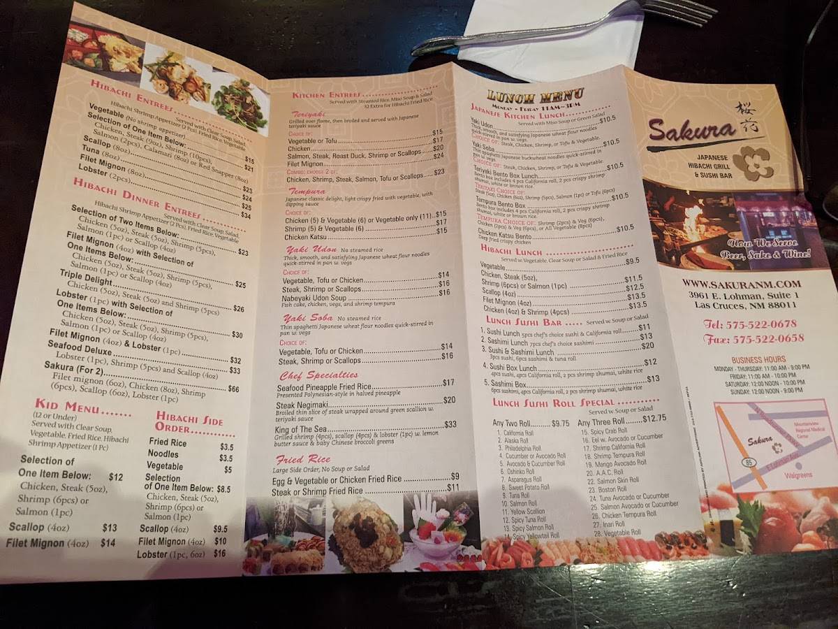 Menu at Sakura Japanese House restaurant, Las Cruces