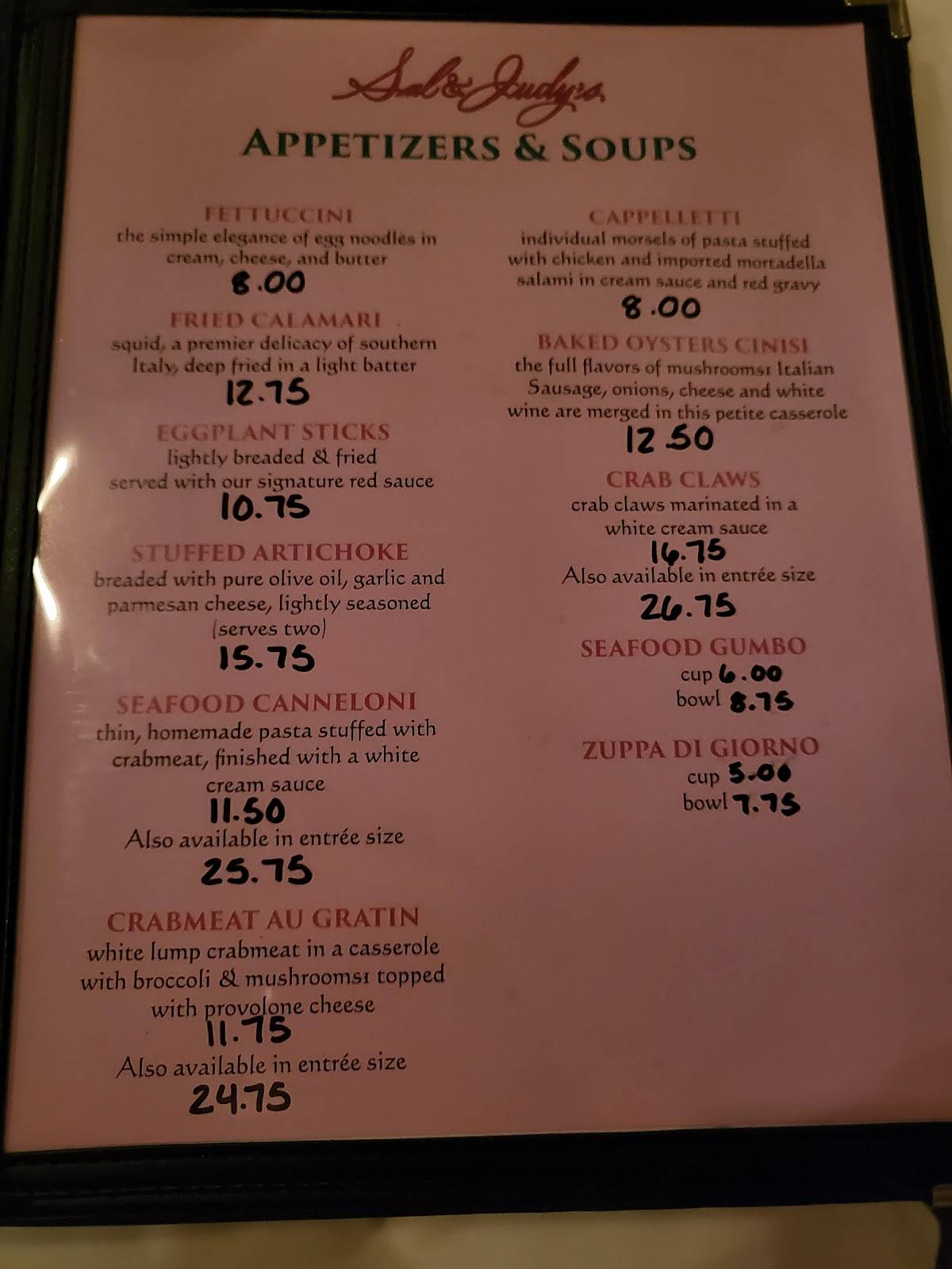 Menu at Sal & Judy's restaurant, Lacombe