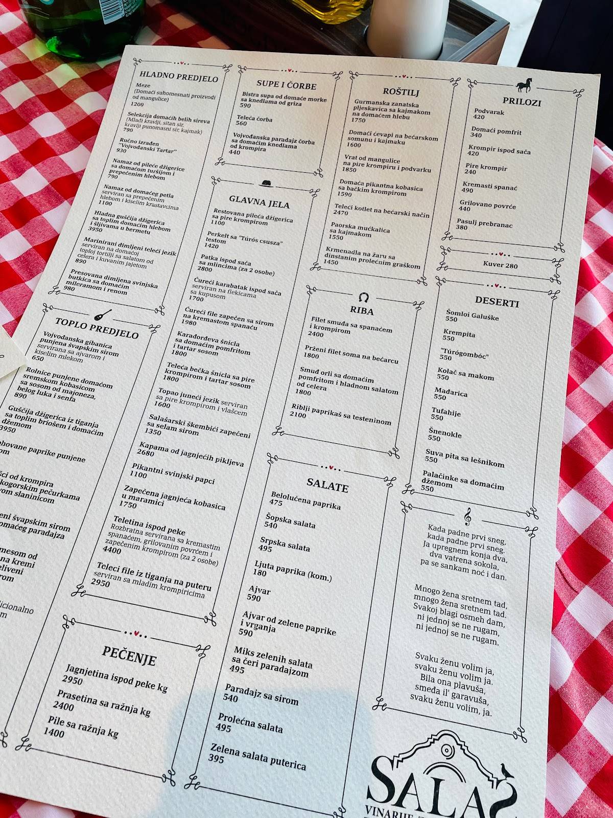 Carta del restaurante Salaš Vinarije Zvonko Bogdan Beograd, Belgrado