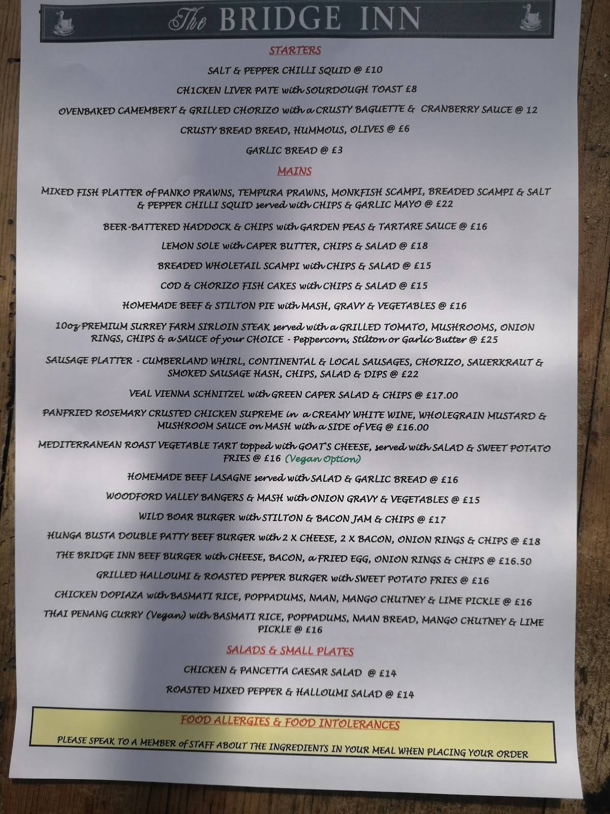 Menu at The Bridge Inn restaurant, Salisbury