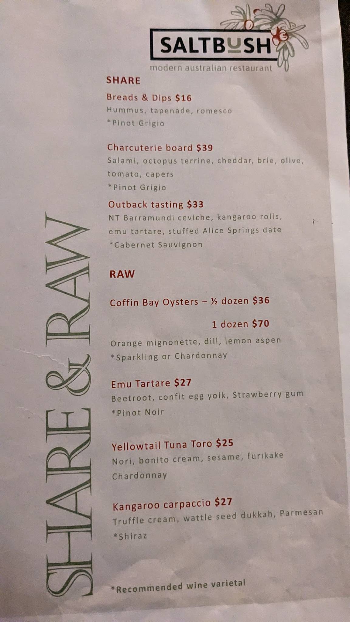 Menu at Saltbush restaurant, Alice Springs