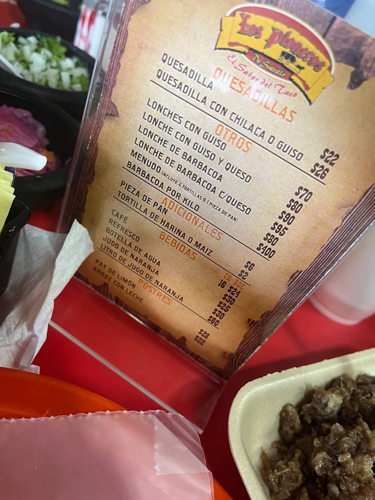 Carta del restaurante Tacos Los Pioneros, Saltillo, Blvd. Moctezuma 2065
