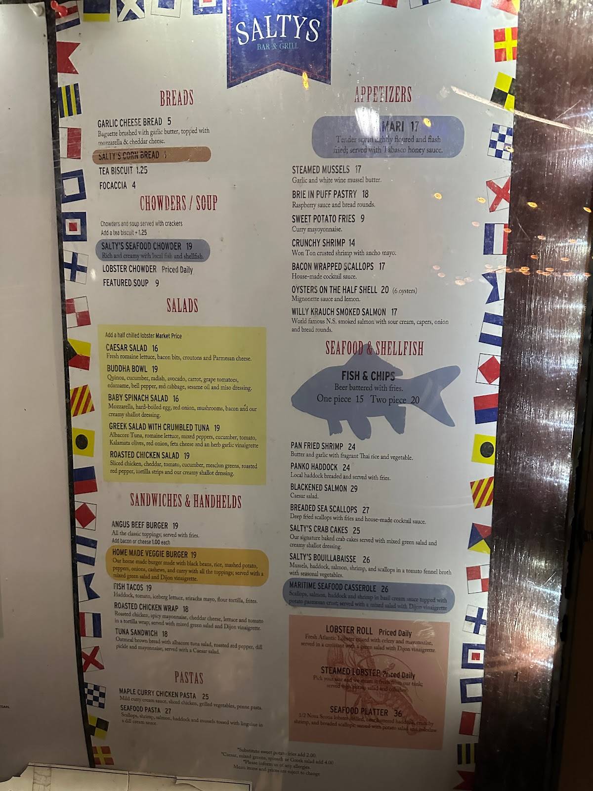 Menu at Salty's restaurant, Halifax