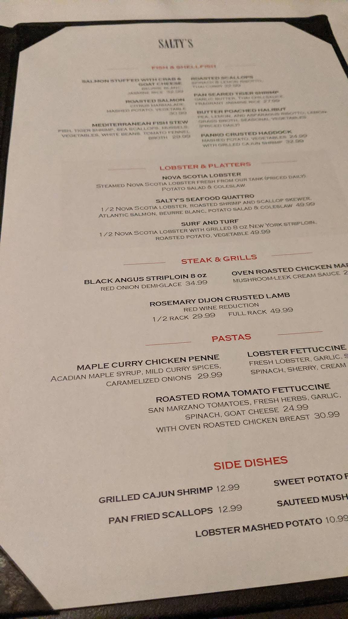 Menu at Salty's restaurant, Halifax