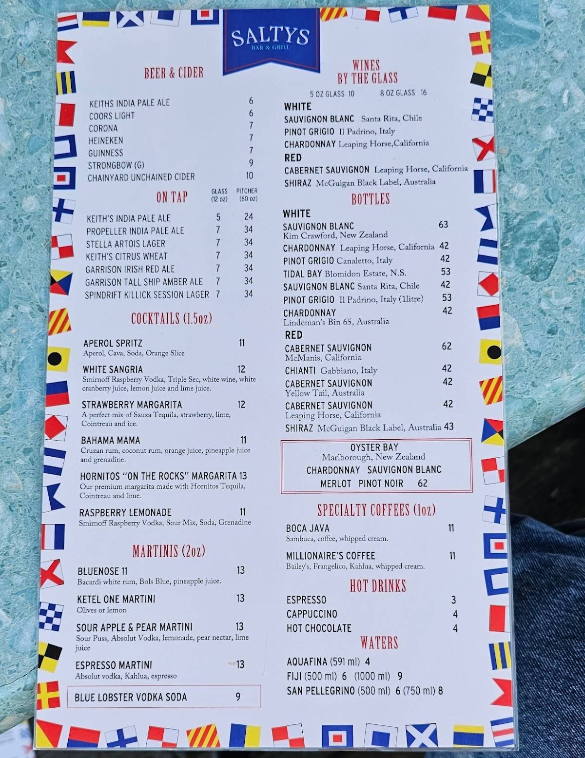 Menu at Salty's restaurant, Halifax