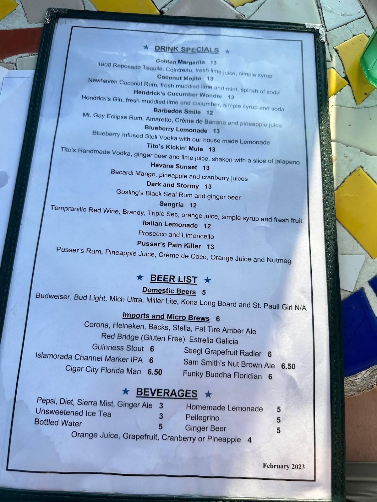 Menu at Salute! On The Beach restaurant, Key West