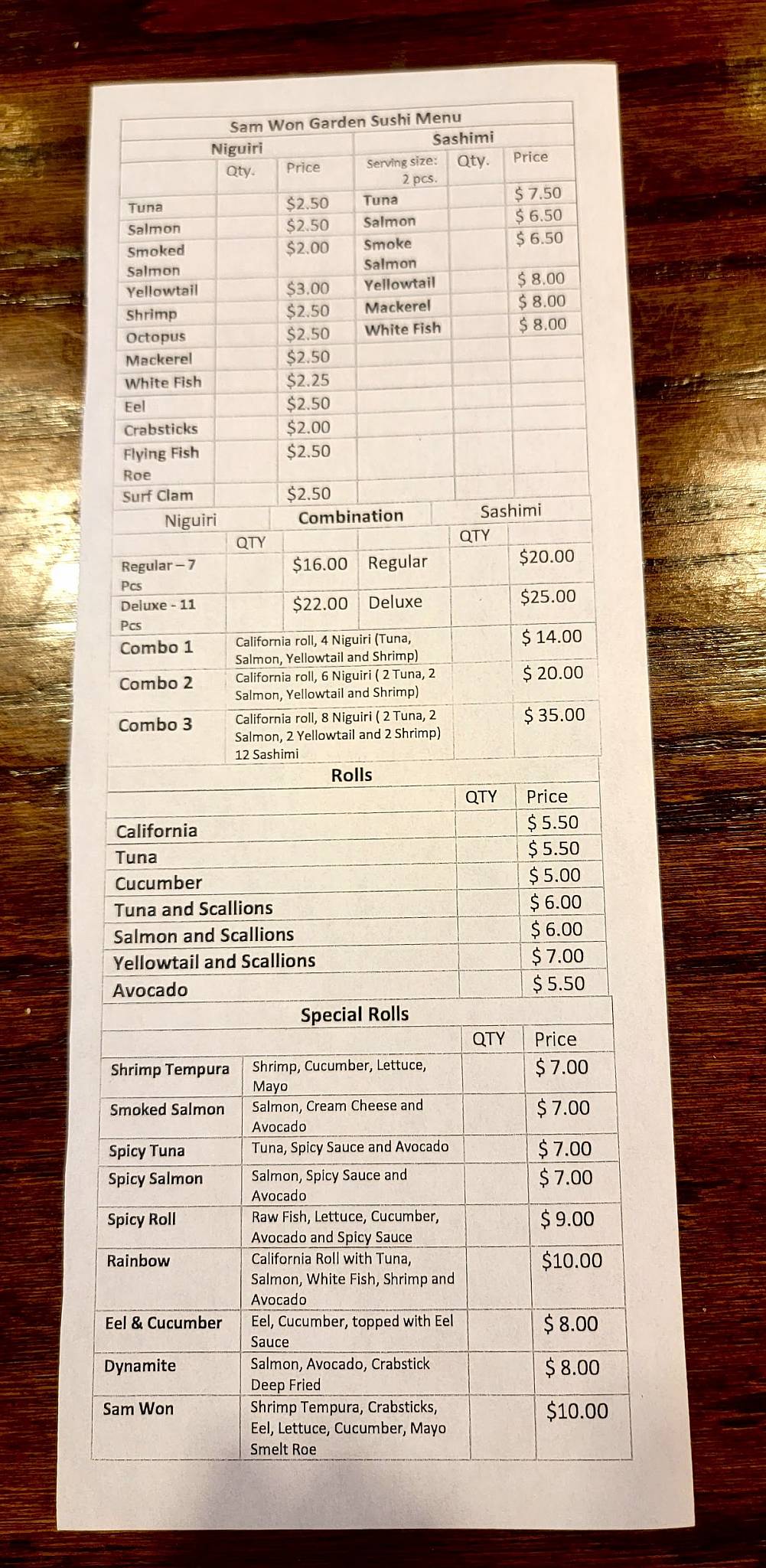 Carta de Sam Won Garden Korean BBQ, Jacksonville