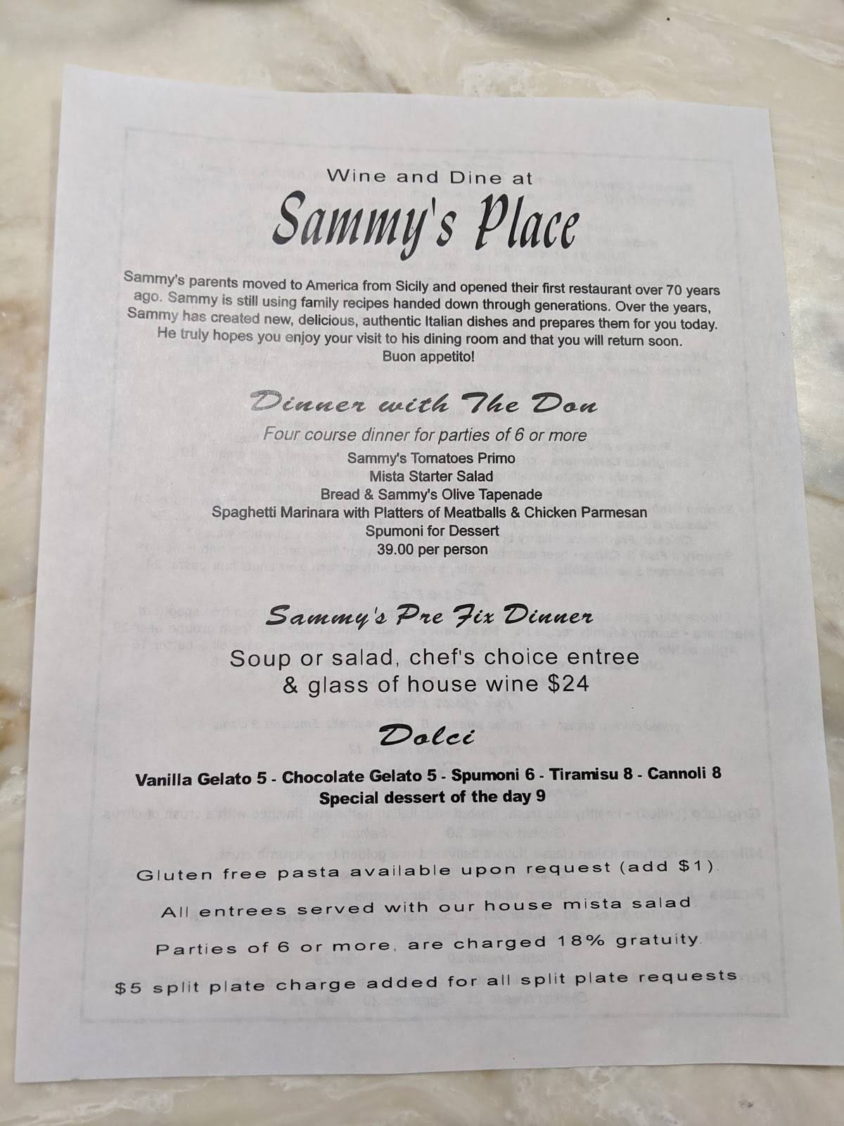 Menu at Sammy's Place restaurant, Cathedral City