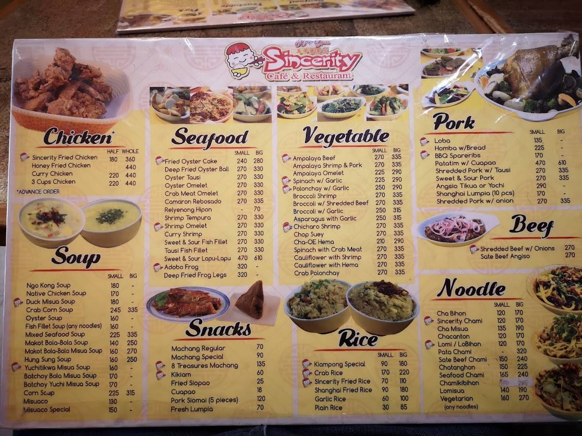 Menu at Sincerity Wu Xiang House of Chicken restaurant, San Juan