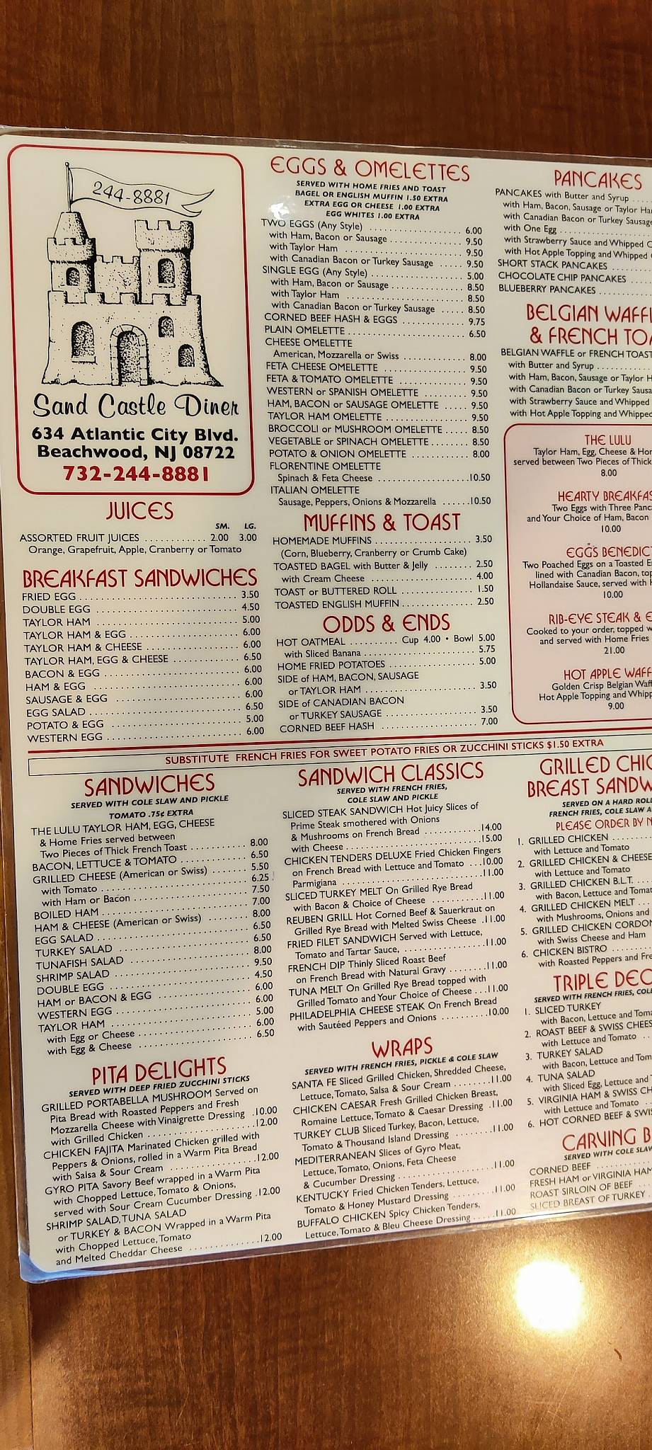 Menu at Sand Castle Diner restaurant, Beachwood