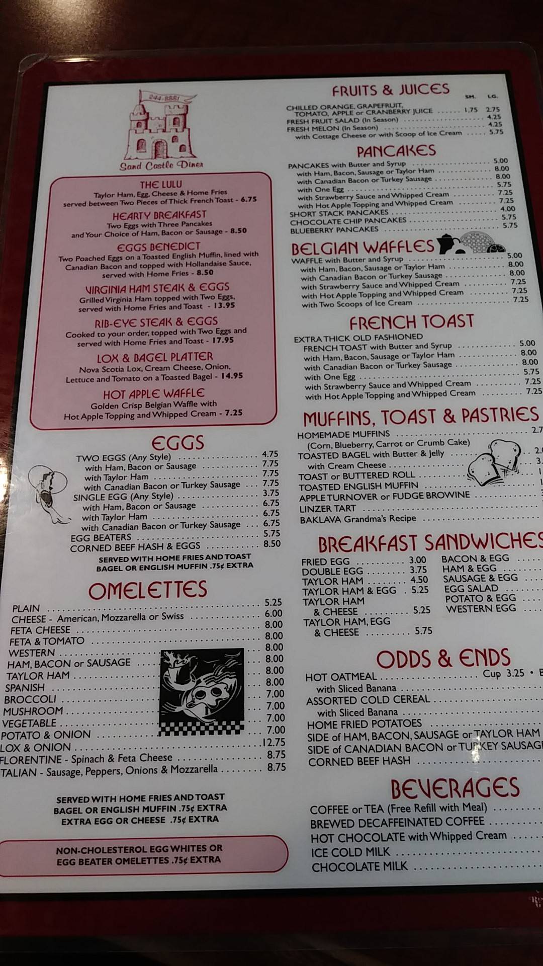 Menu at Sand Castle Diner restaurant, Beachwood