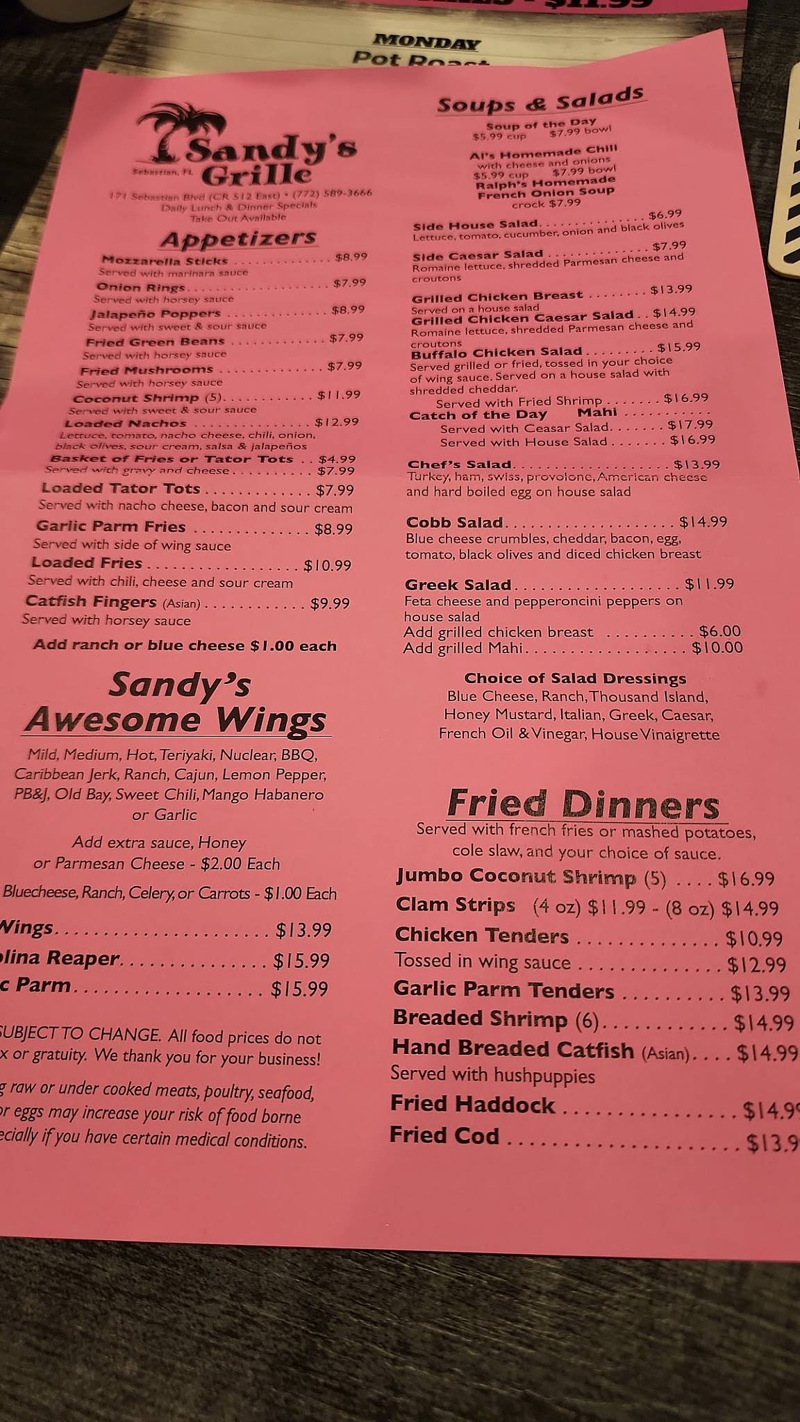 Menu at Sandy's Grille pub & bar, Sebastian