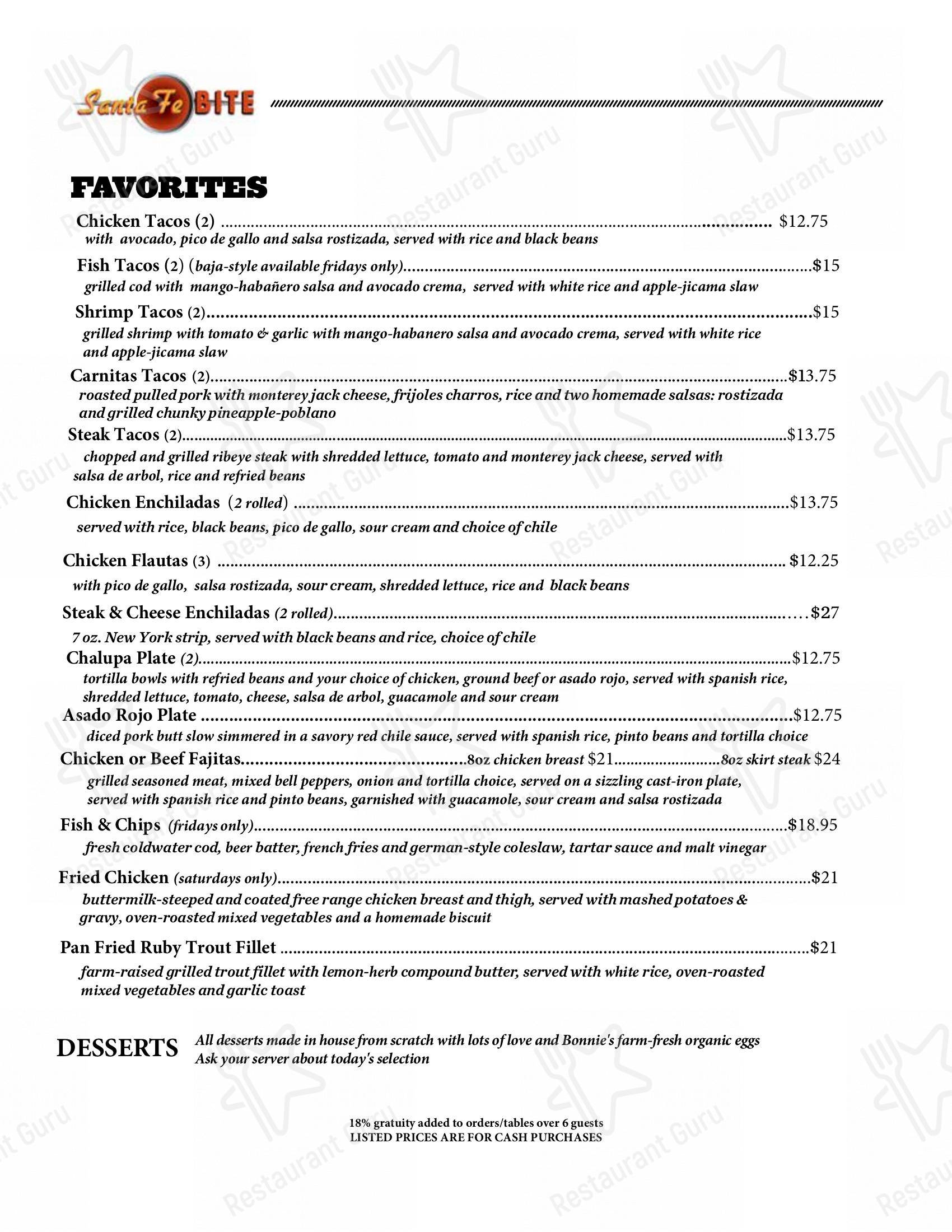 Menu at Santa Fe Bite restaurant, Santa Fe, St. Michael's Dr