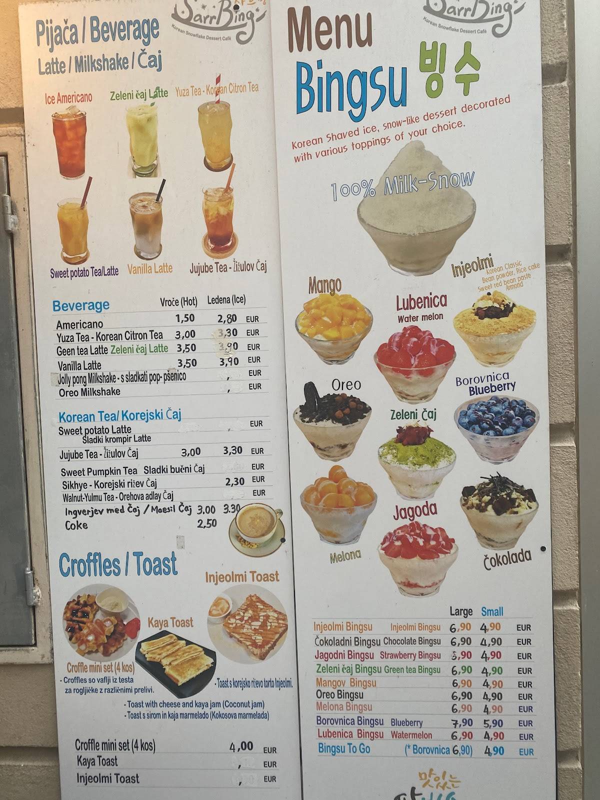 Menu at Sarrbing (Korean Bingsu) restaurant, Ljubljana