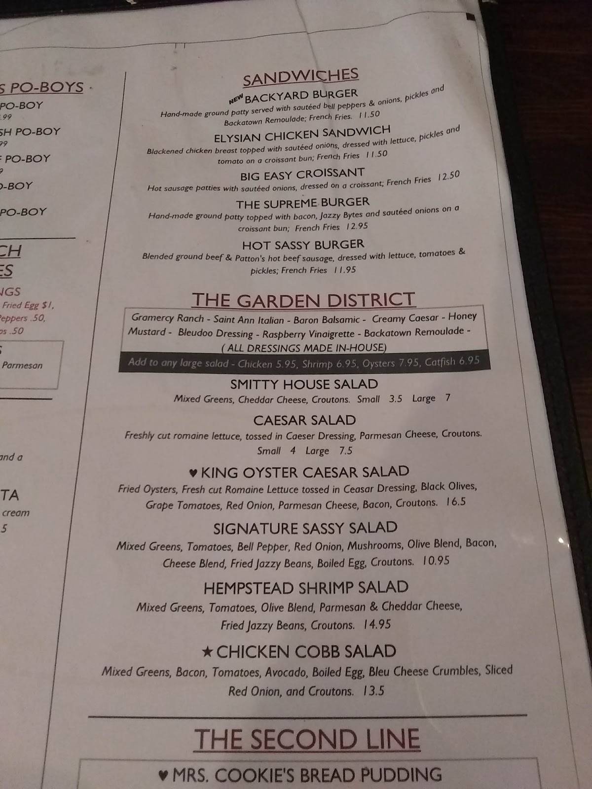 Menu at Sassafras Creole Kitchen restaurant, New Orleans, Leon C Simon Dr