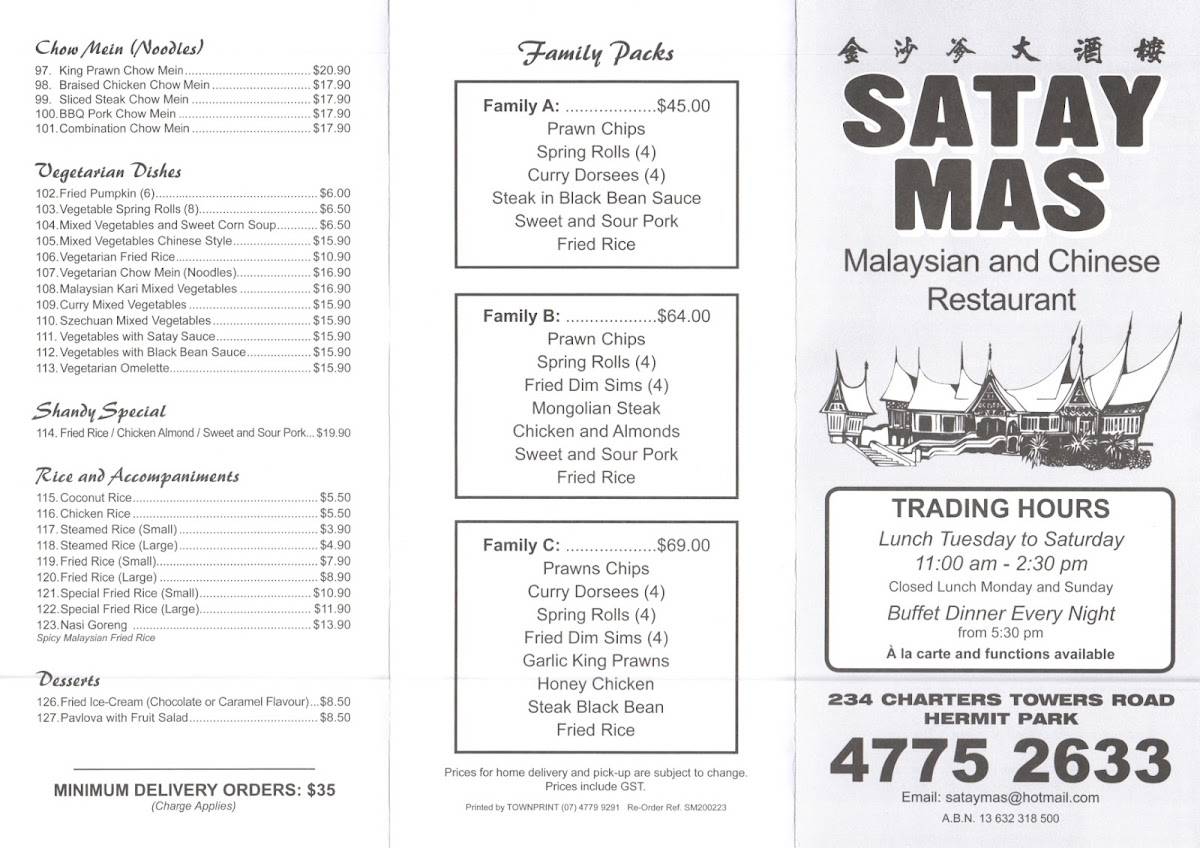 Menu at Satay Mas restaurant, Hermit Park