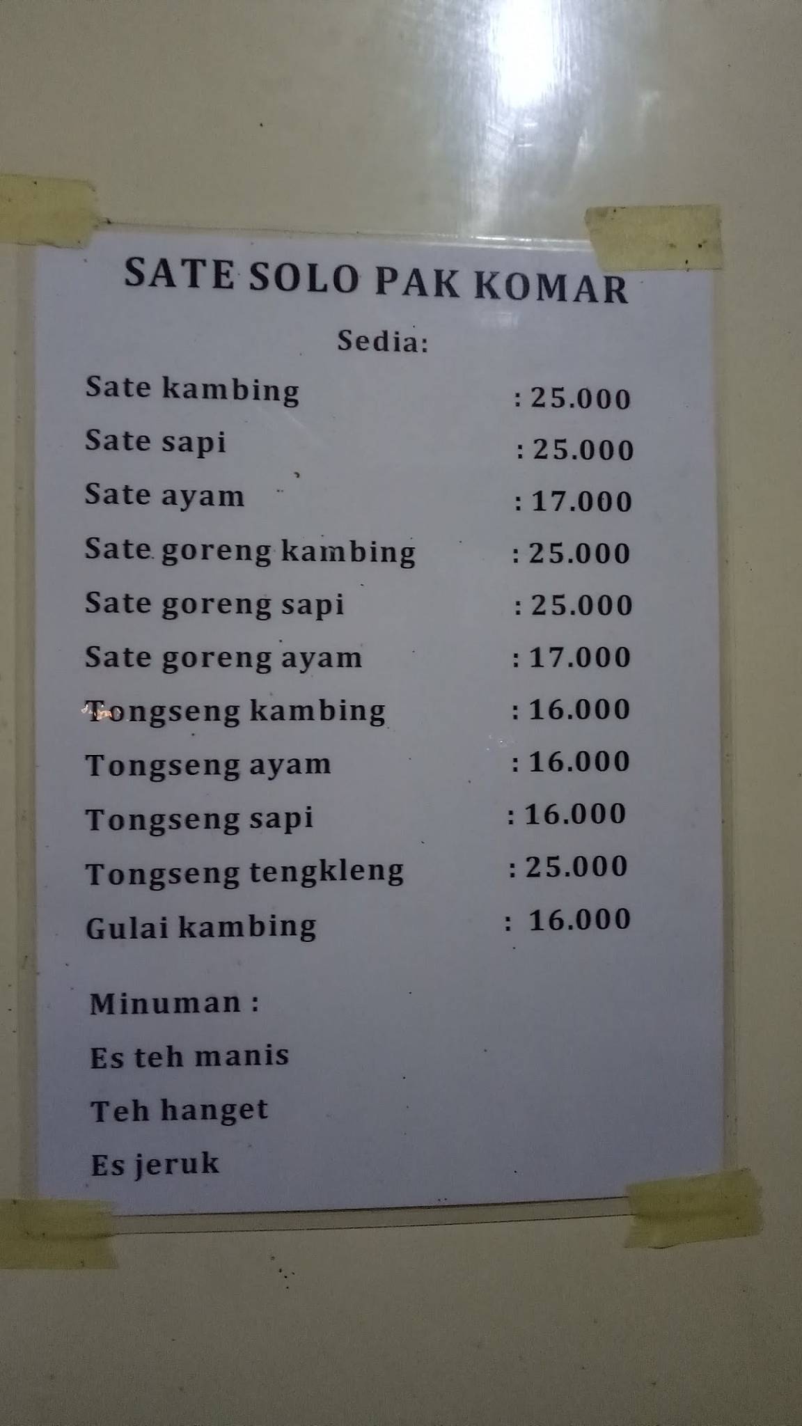 Menu at Sate Solo Pak Komar restaurant, Bojongsoang, Jl. Sukapura No.76