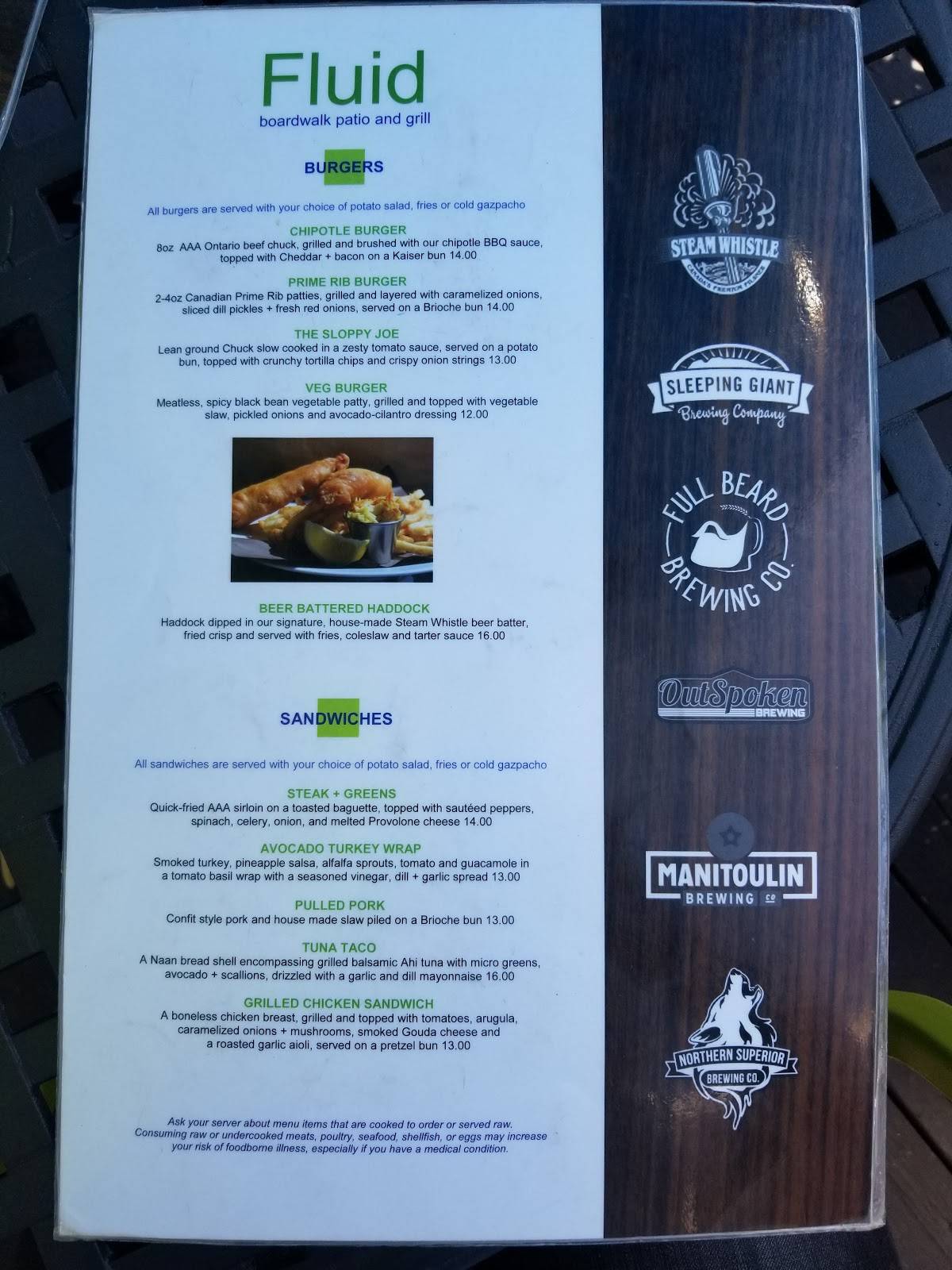 Menu at Fluid Boardwalk Patio and Grill pub & bar, Sault Ste. Marie ...