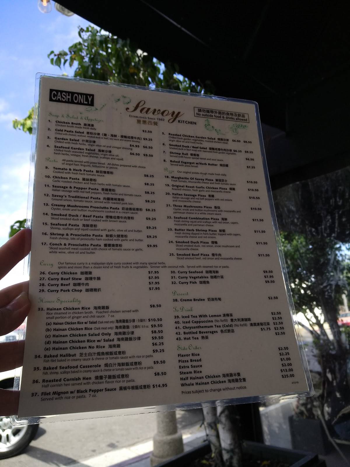 Menu at Savoy Kitchen restaurant, Alhambra