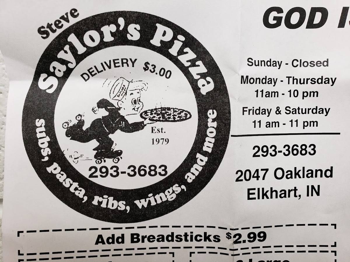 Menu at Saylor's Pizza & More pizzeria, Elkhart