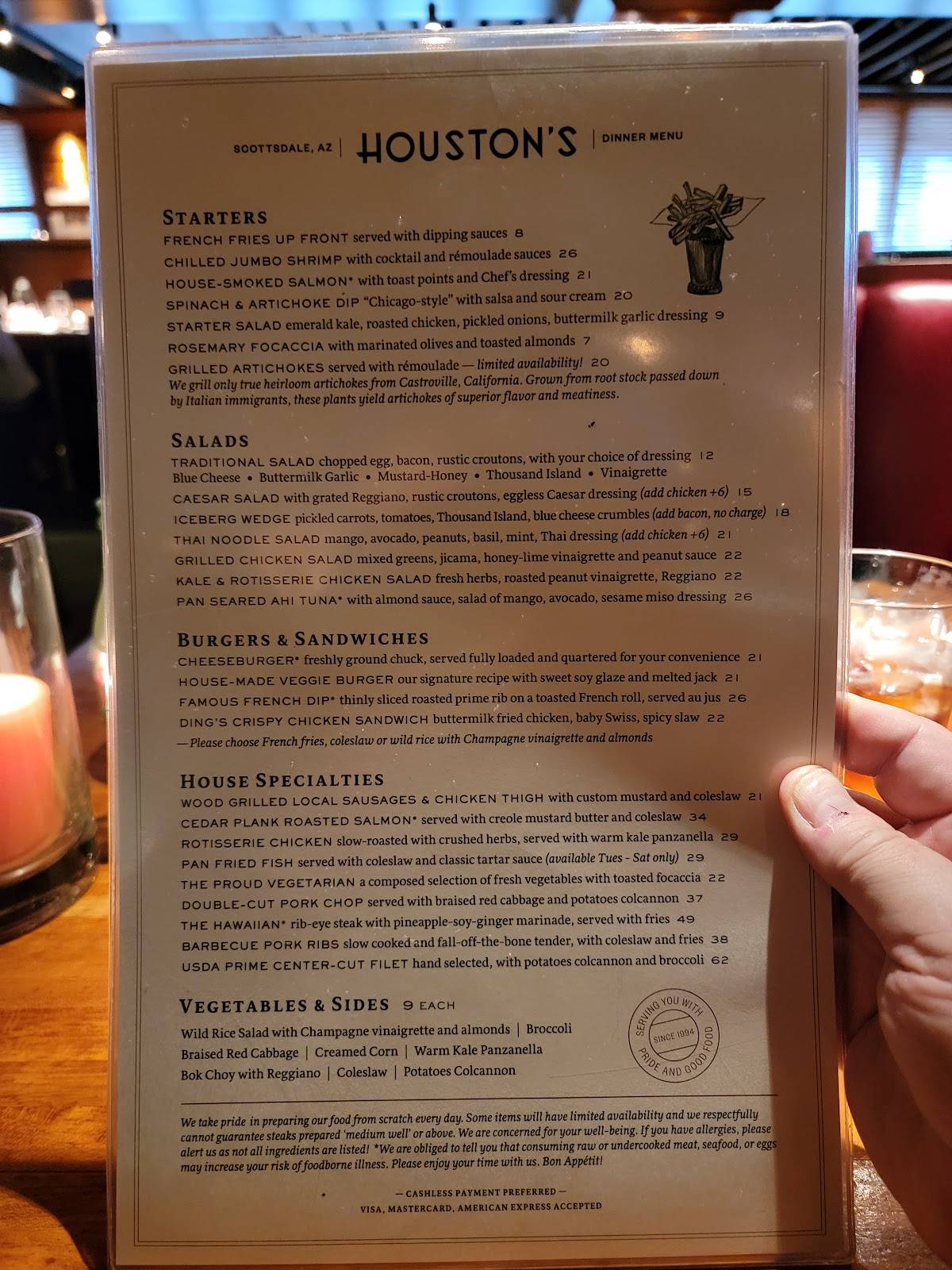 Menu at Houston's steakhouse, Scottsdale