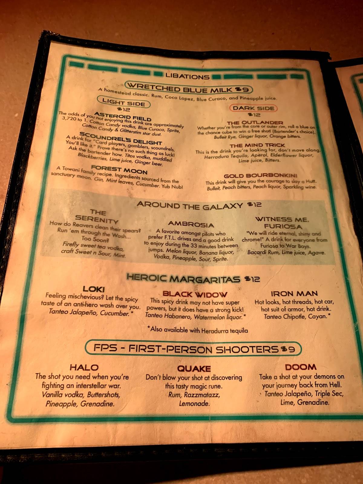 Menu at Scum and Villainy Cantina pub & bar, Los Angeles