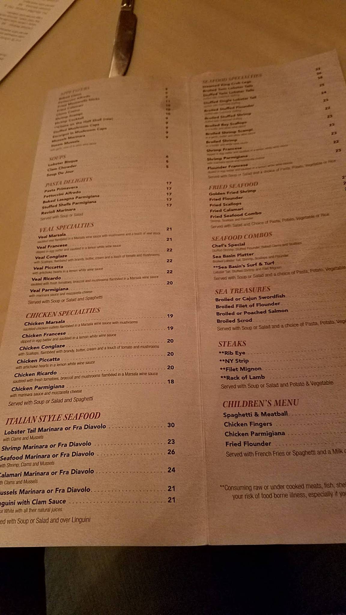 Menu at Sea Basin restaurant, Rocky Point