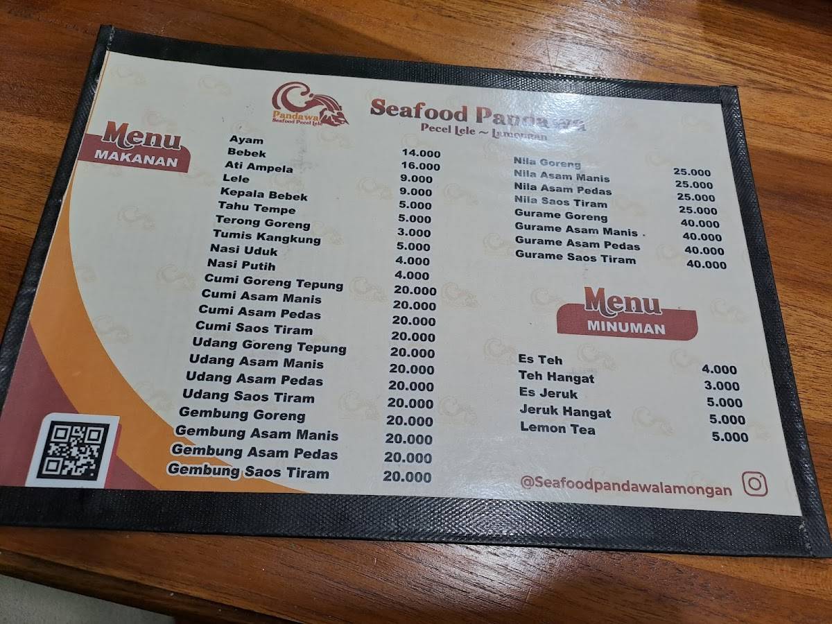 Carta del restaurante Seafood pandawa pecel lele lamongan, Indonesia