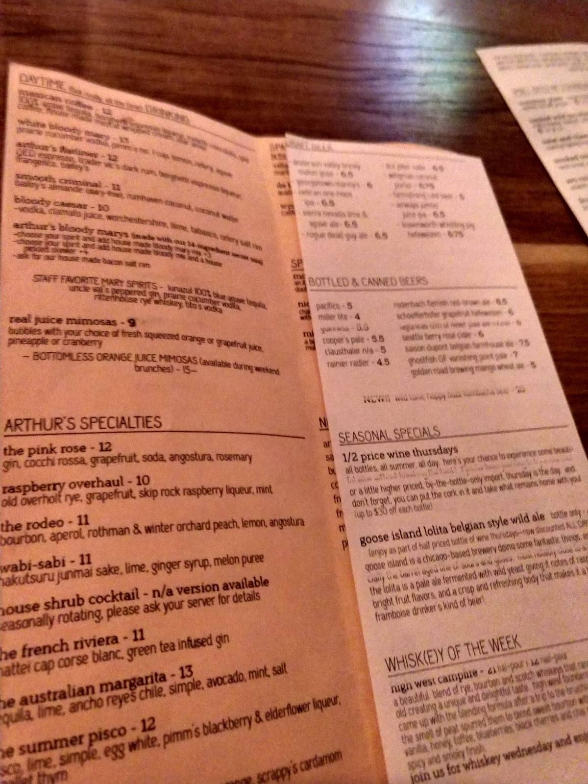 Menu at Arthur's pub & bar, Seattle