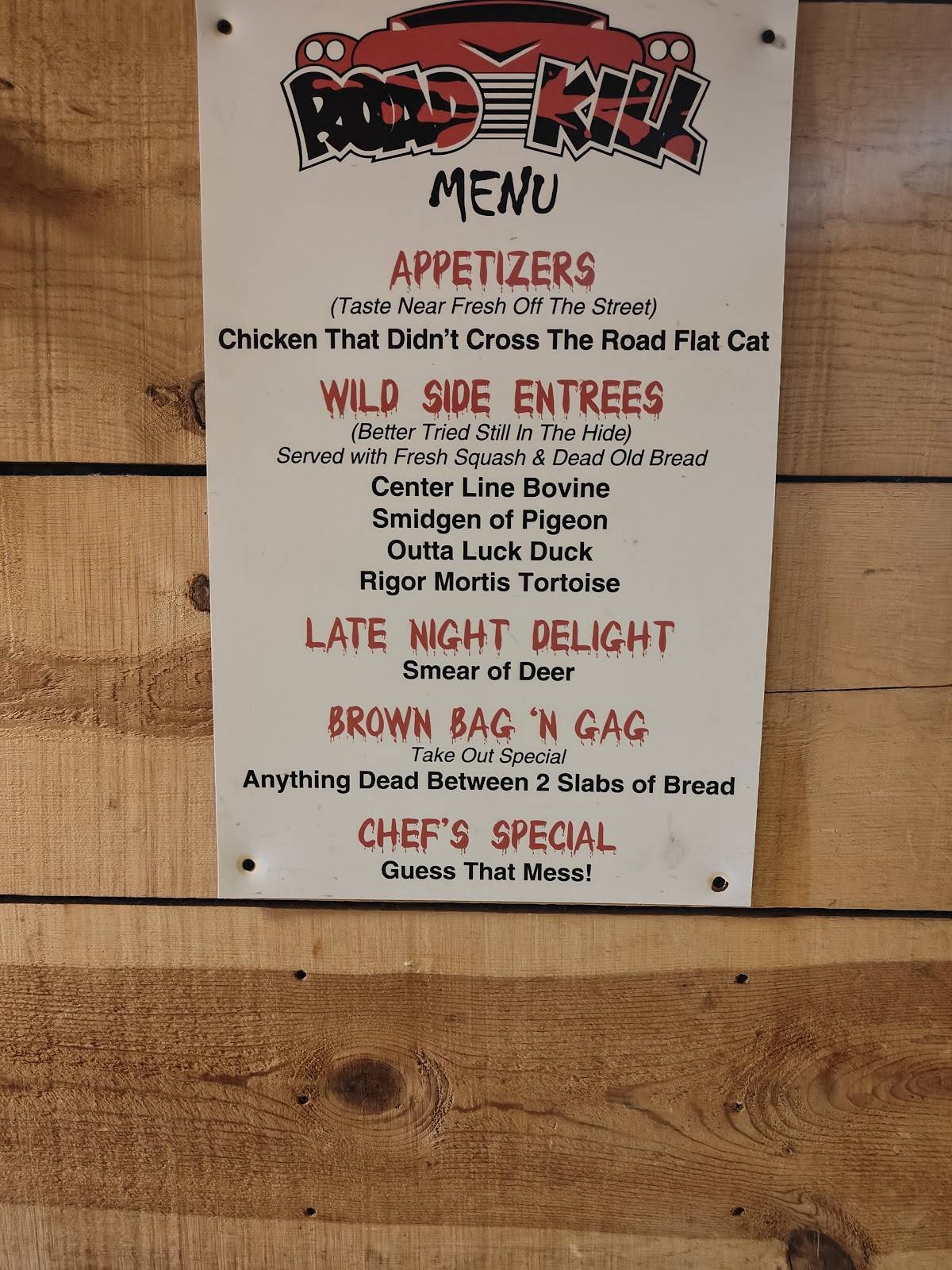 Menu at The Roadkill Cafe/O.K. Saloon, Seligman