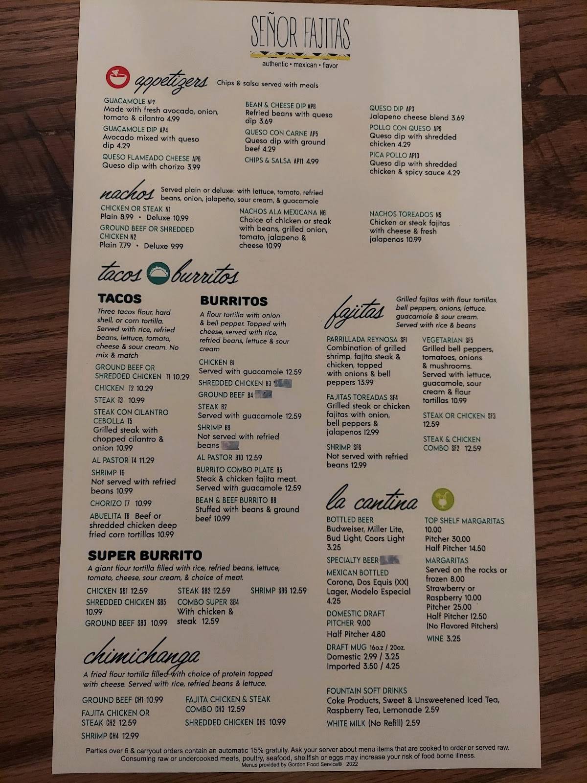 Menu at Señor Fajitas restaurant, Columbia City