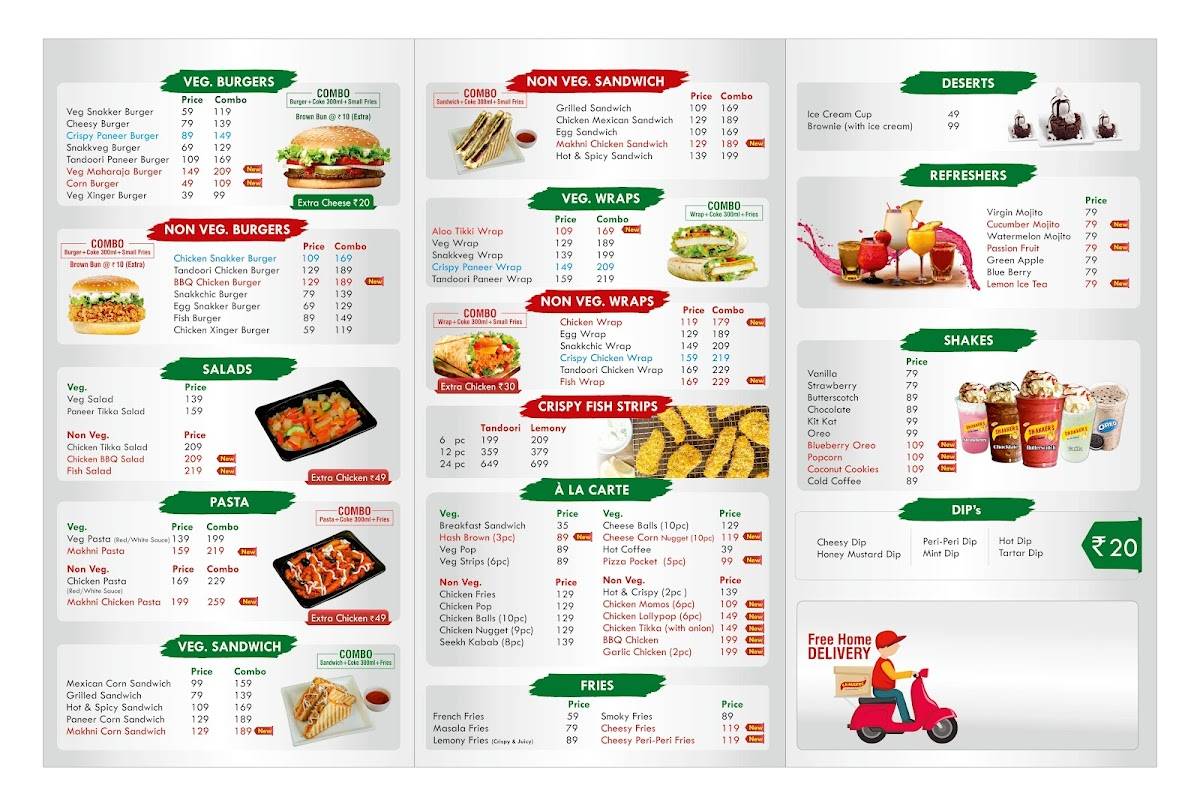 Menu at Snakkers, Shahkot