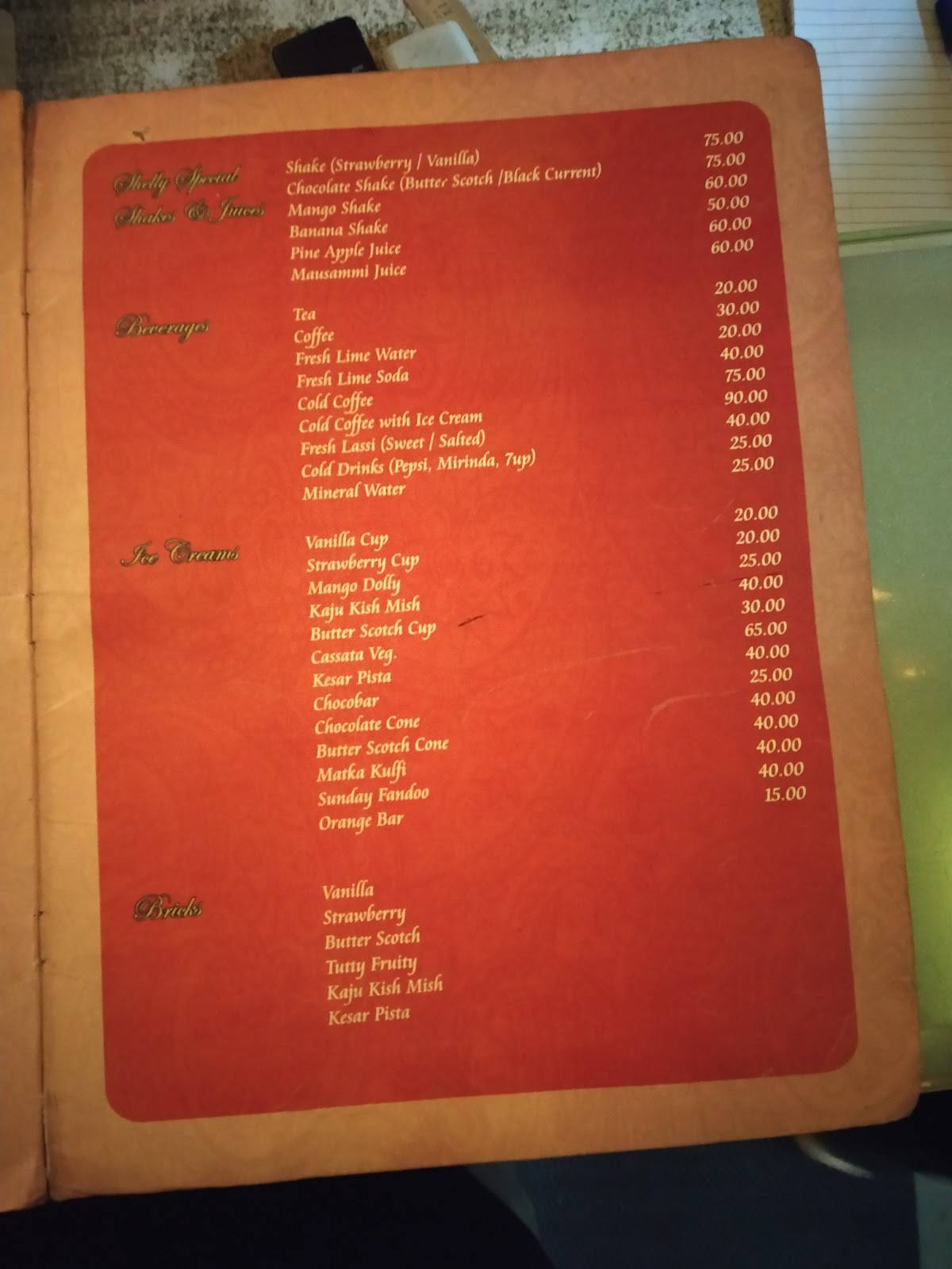 Menu at Shelly Restaurant, Kalka