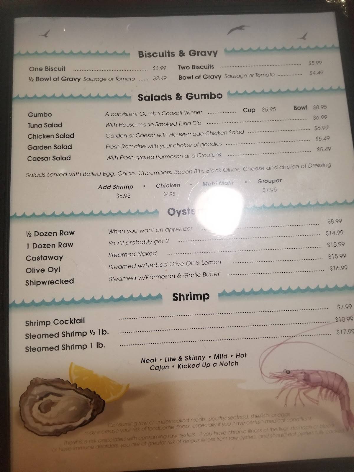 Menu at Shipwreck Raw Bar, Mexico Beach