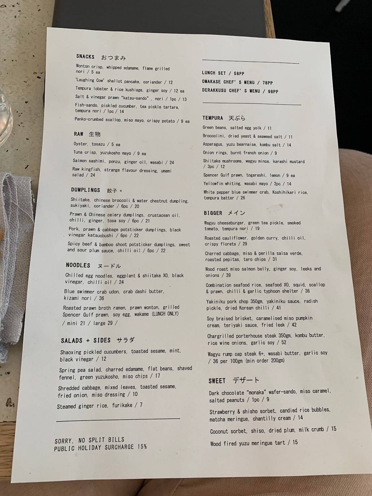 Menu at ShoSho restaurant, Hyde Park