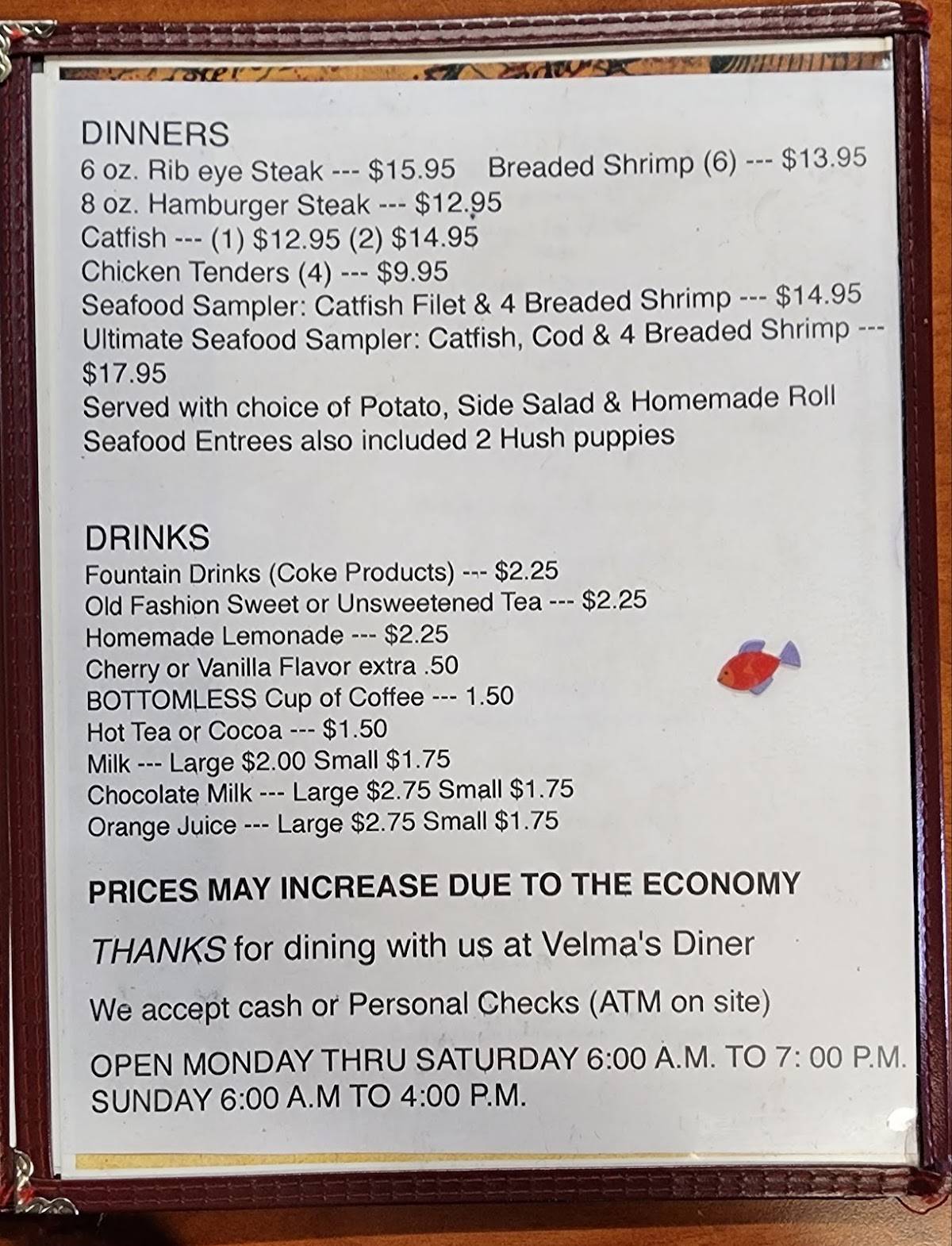 Menu at Velma's Diner restaurant, Shoals