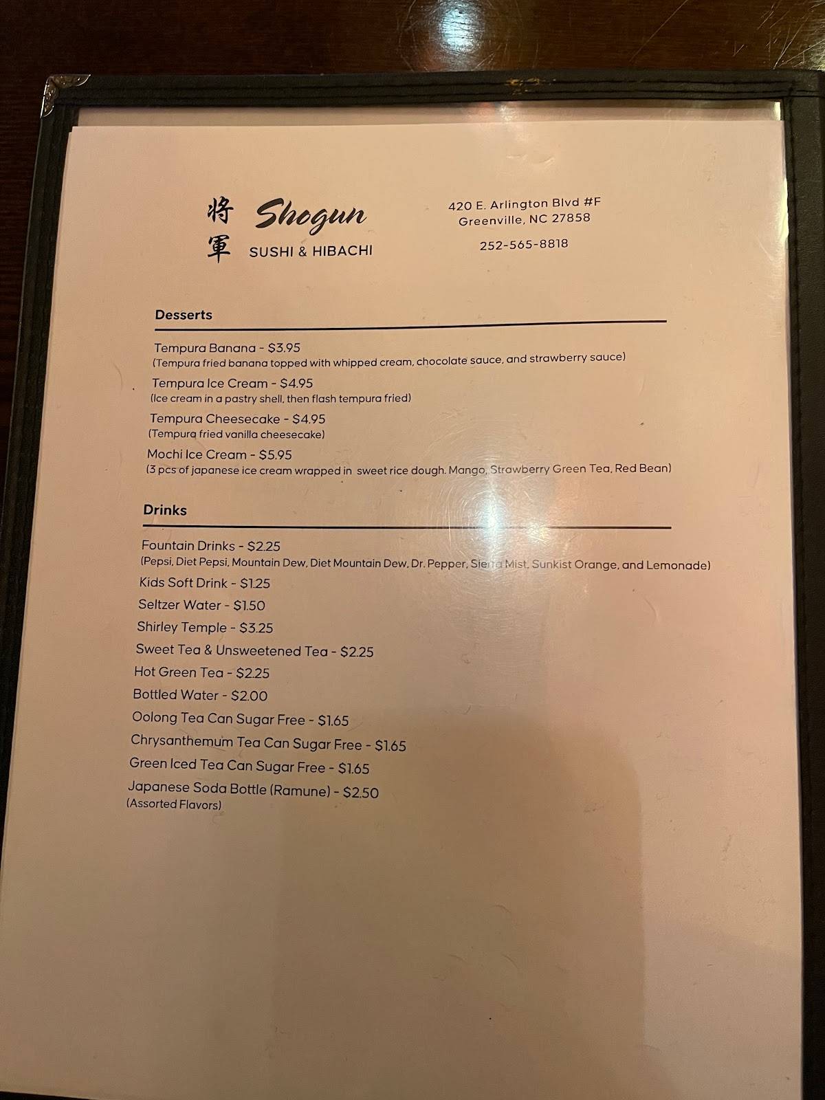 Menu at Shogun Japanese Restaurant, Greenville