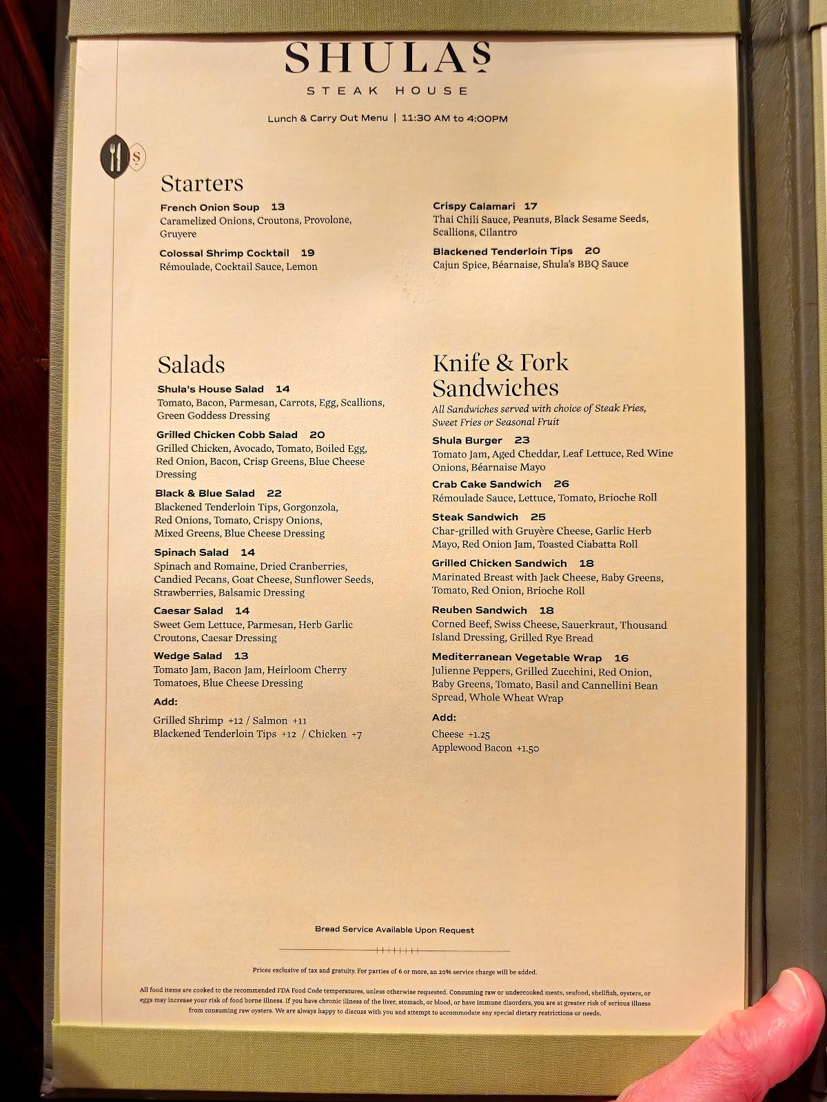 Menu at Shula's Steak House steakhouse, Naples