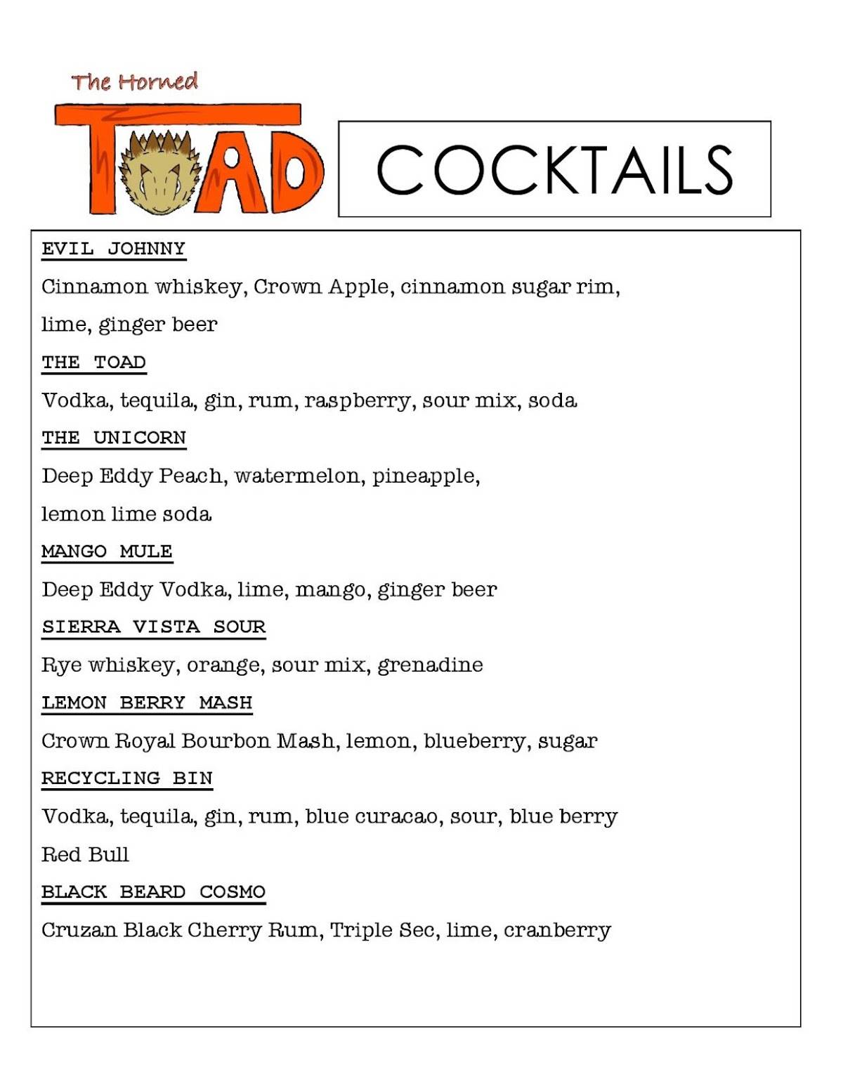 Menu at The Horned TOAD pub & bar, Sierra Vista