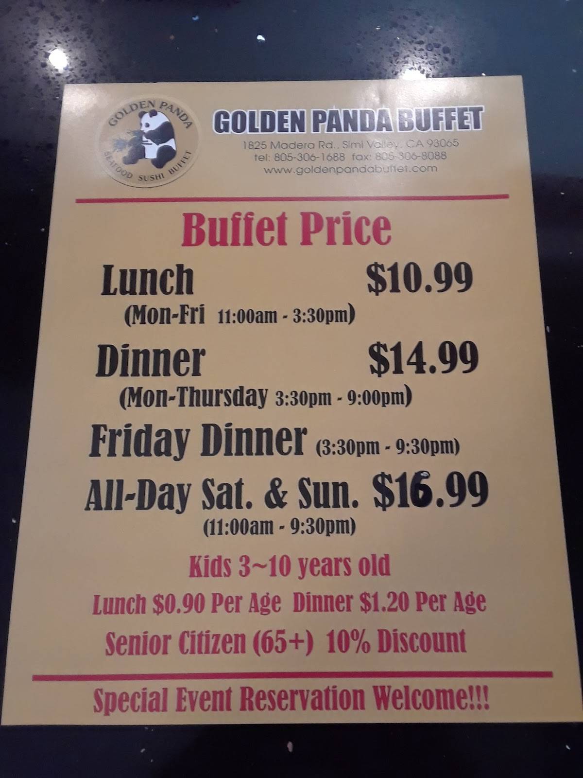 Menu at Golden Panda Buffet restaurant, Simi Valley