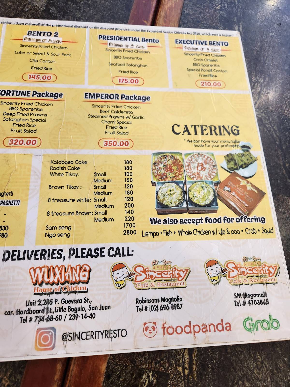 Menu at Sincerity Wu Xiang House of Chicken restaurant, San Juan