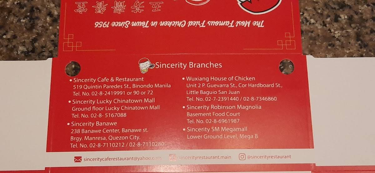 Menu at Sincerity Wu Xiang House of Chicken restaurant, San Juan