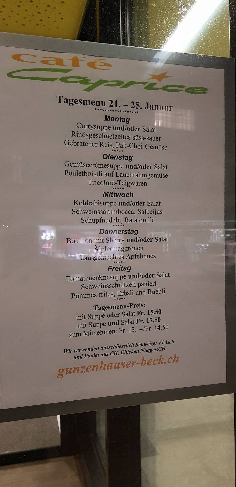 Speisekarte von Café Caprice, Sissach
