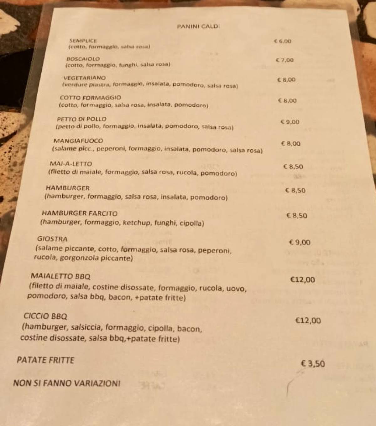Menu da Taverna La Giostra ristorante, Slivia